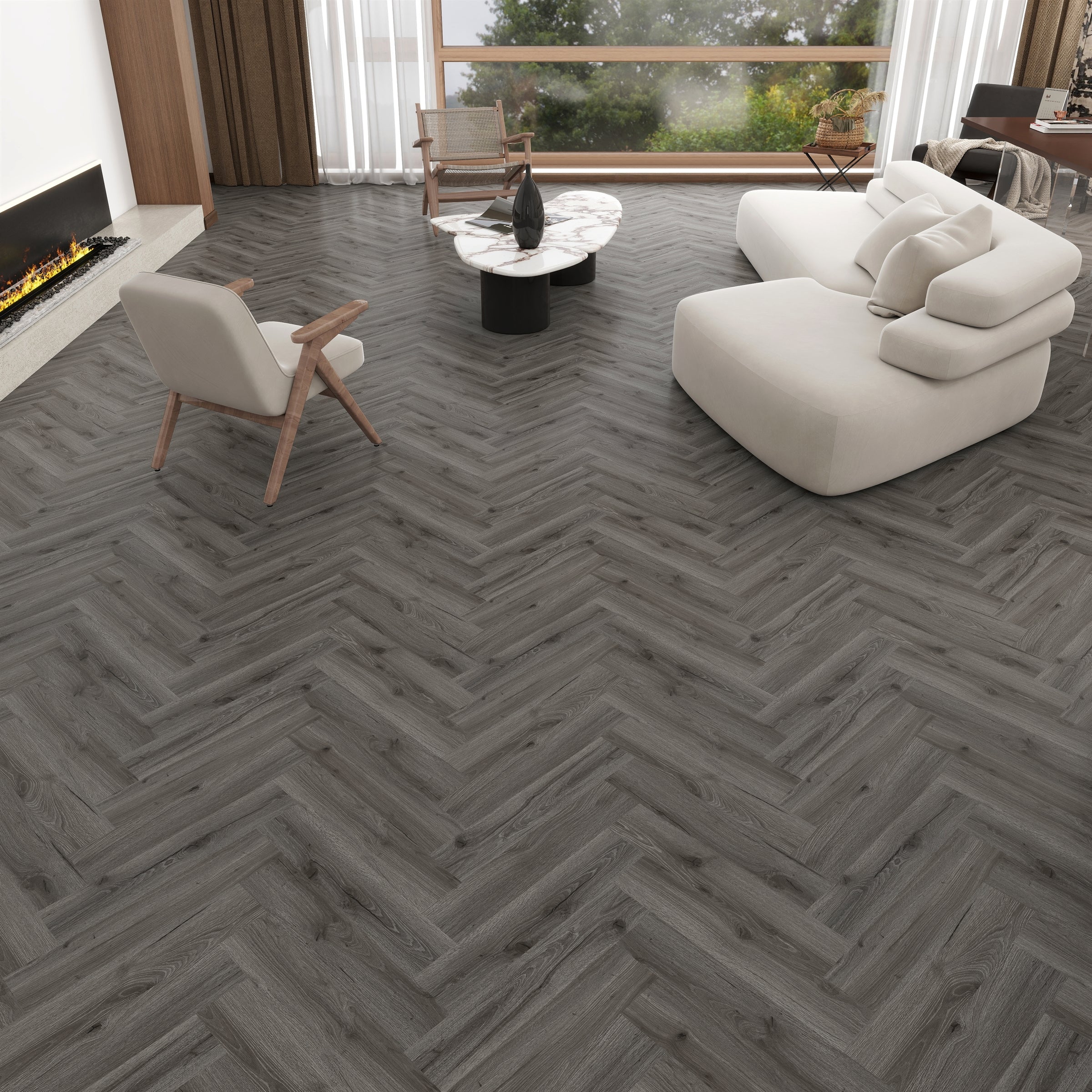 Grey Herringbone Floor Living Room